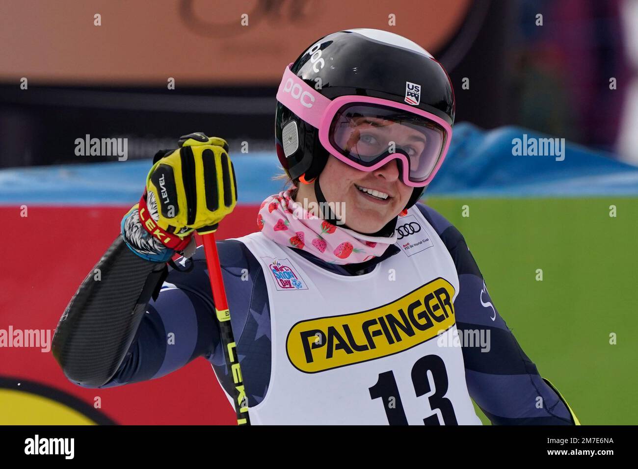 United States' Paula Moltzan reacts after completing an alpine ski ...