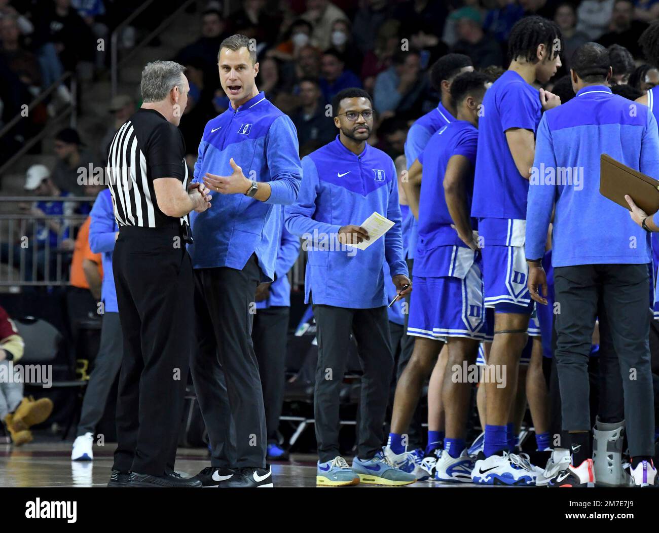 Duke coach Jon Scheyer speaks with an official during the second half ...