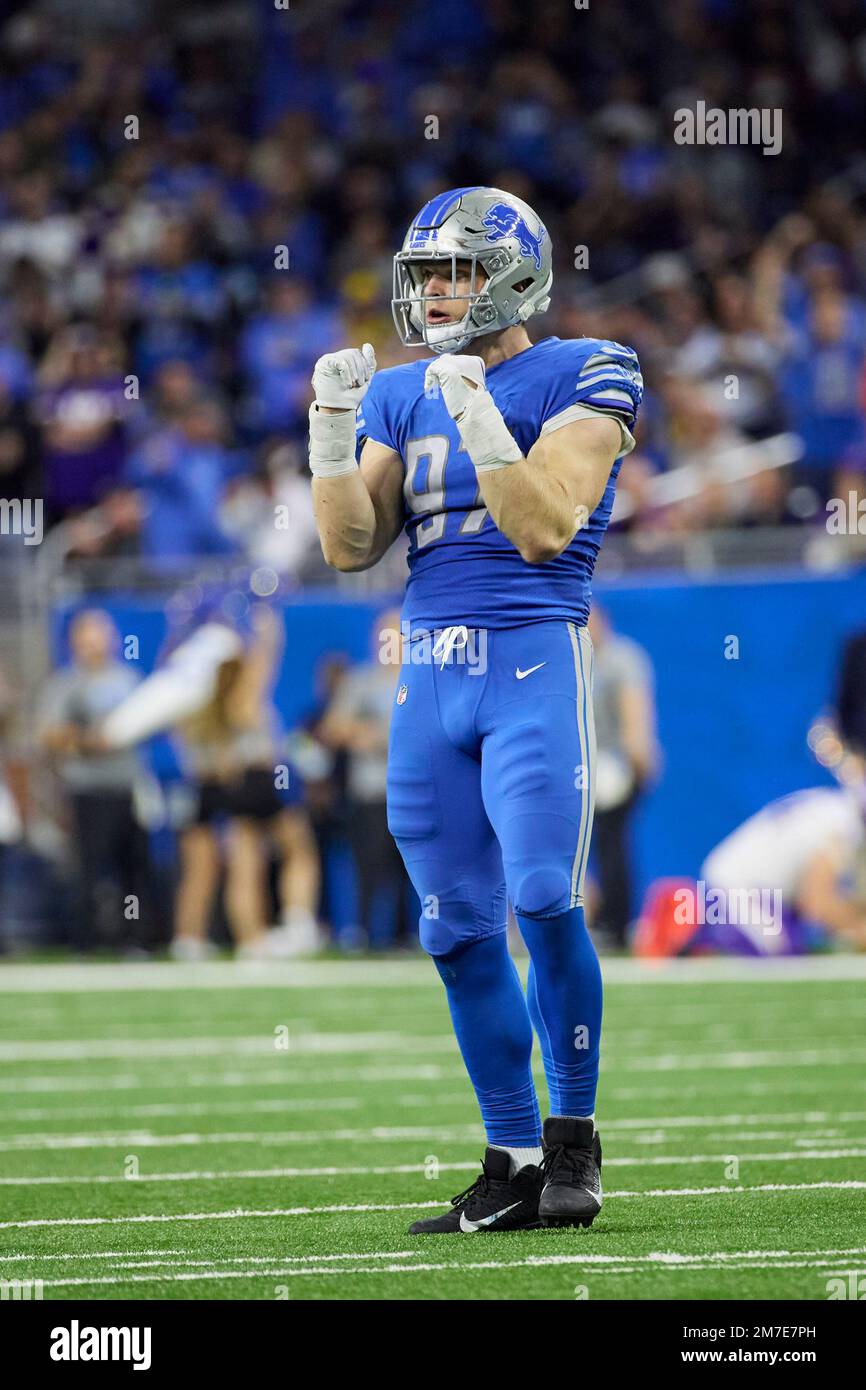 Detroit Lions defensive end Aidan Hutchinson (97) reacts against the ...