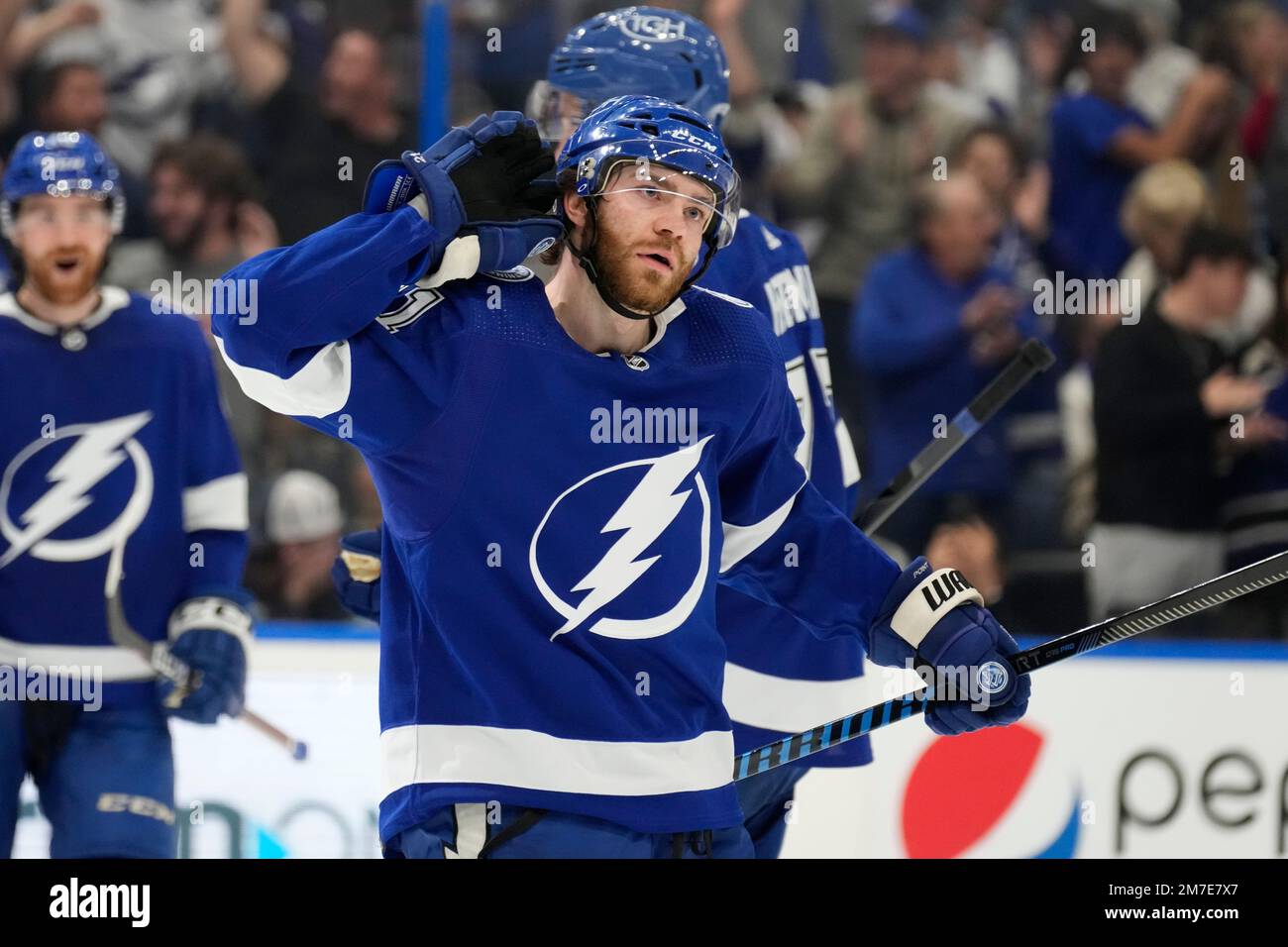 Tampa Bay Lightning center Brayden Point (21) reacts after scoring ...