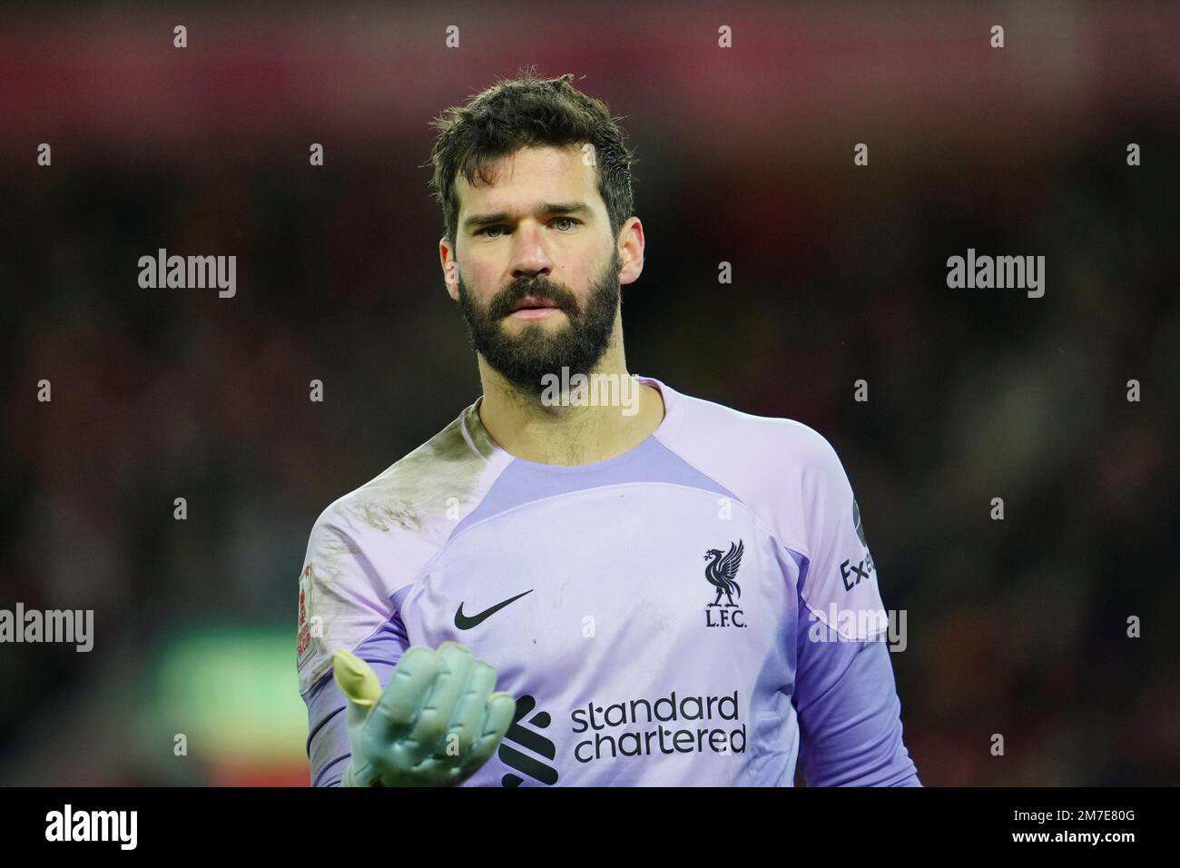 Liverpool's goalkeeper Alisson gestures during the English FA Cup ...