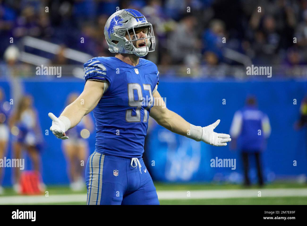 Detroit Lions defensive end Aidan Hutchinson (97) reacts against the ...