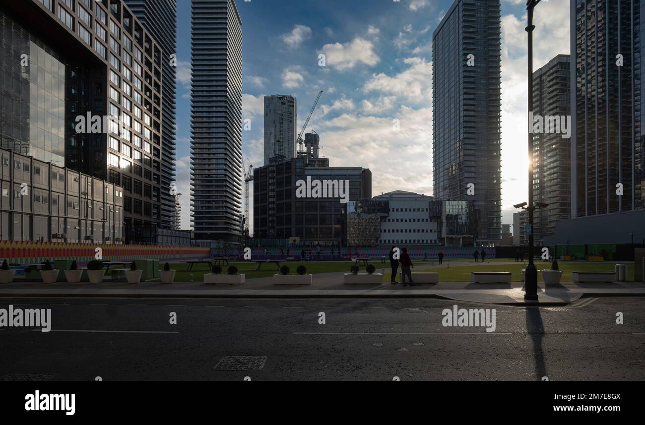 London - 01 26 2022: view of 10 Bank St park, with people walking and ...
