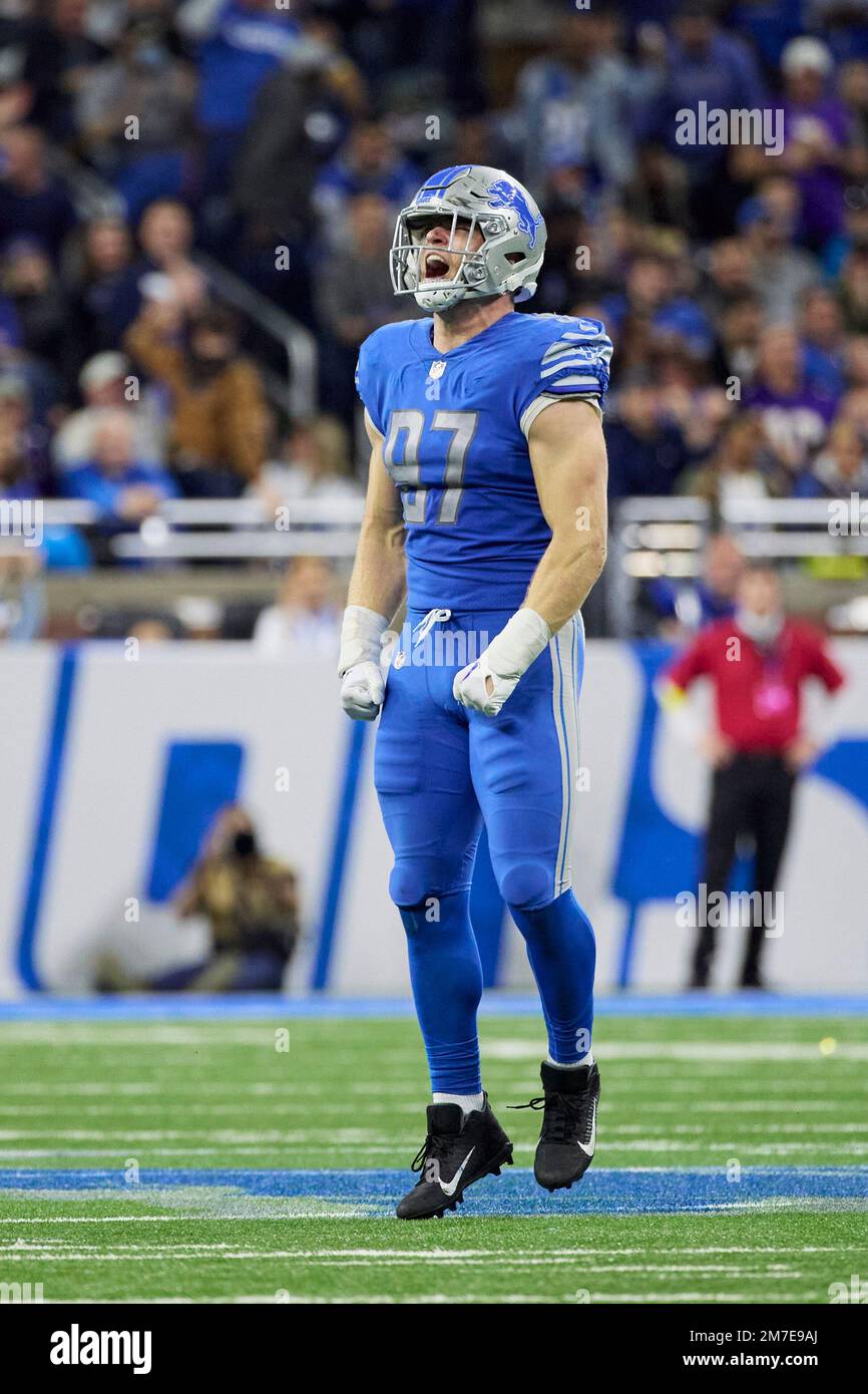 Detroit Lions defensive end Aidan Hutchinson (97) reacts against the ...