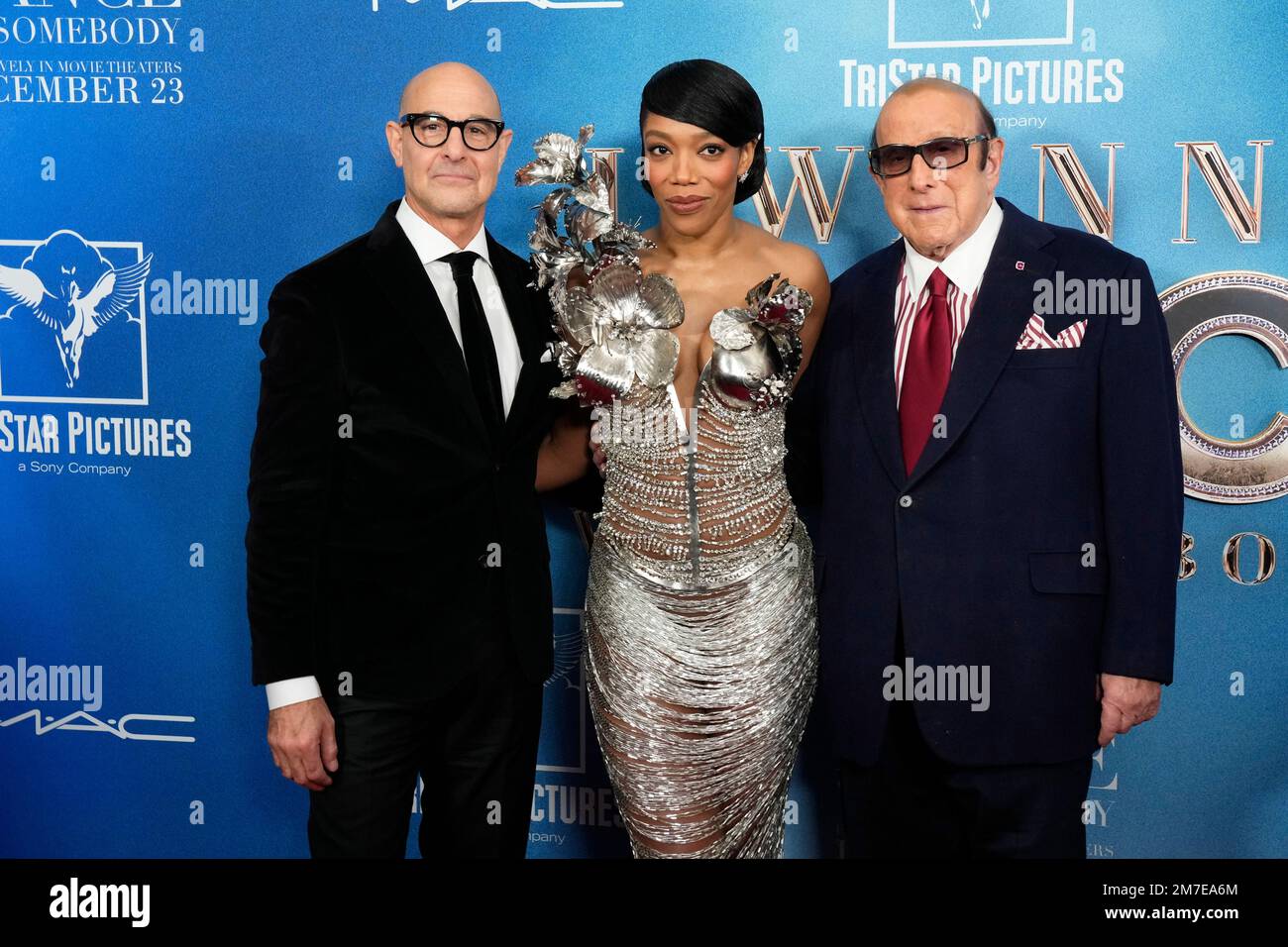 Stanley Tucci, left, Naomi Ackie and Clive Davis attend the world ...