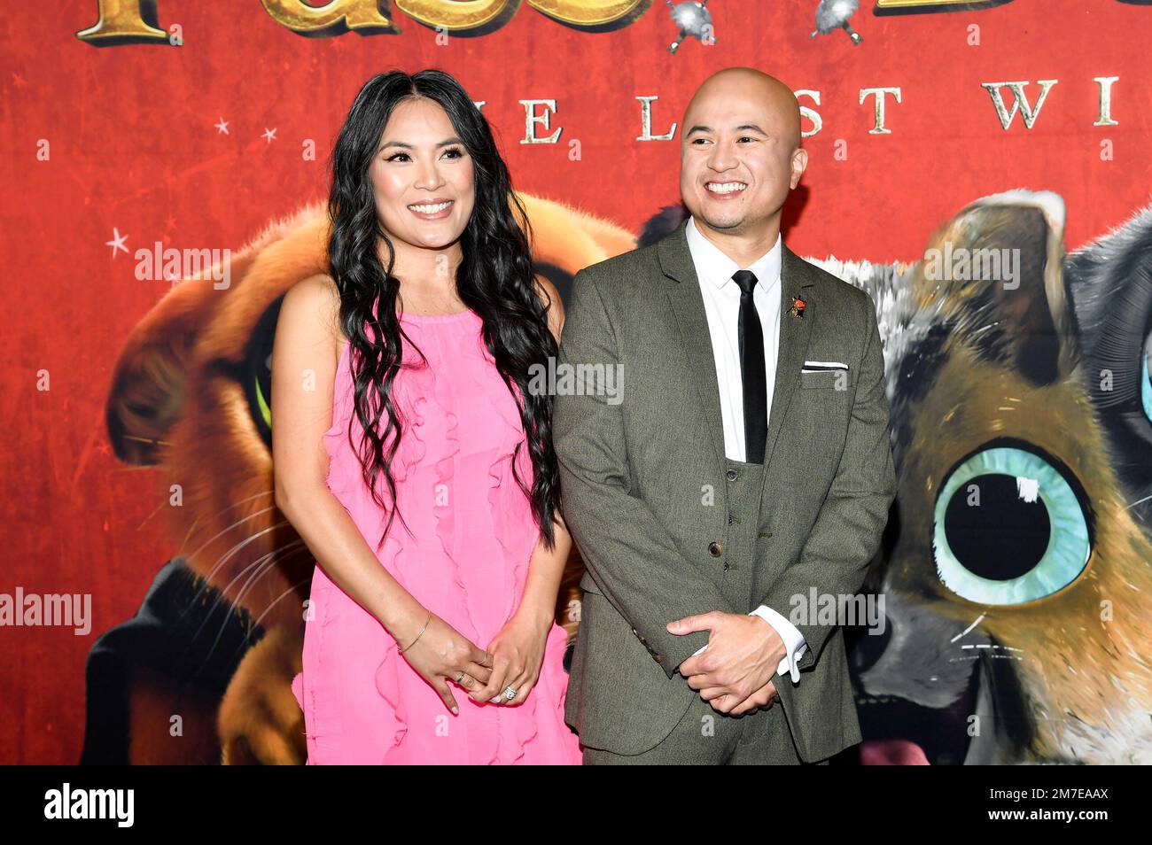 Januel Mercado, right, and wife attend the premiere of "Puss in Boots ...