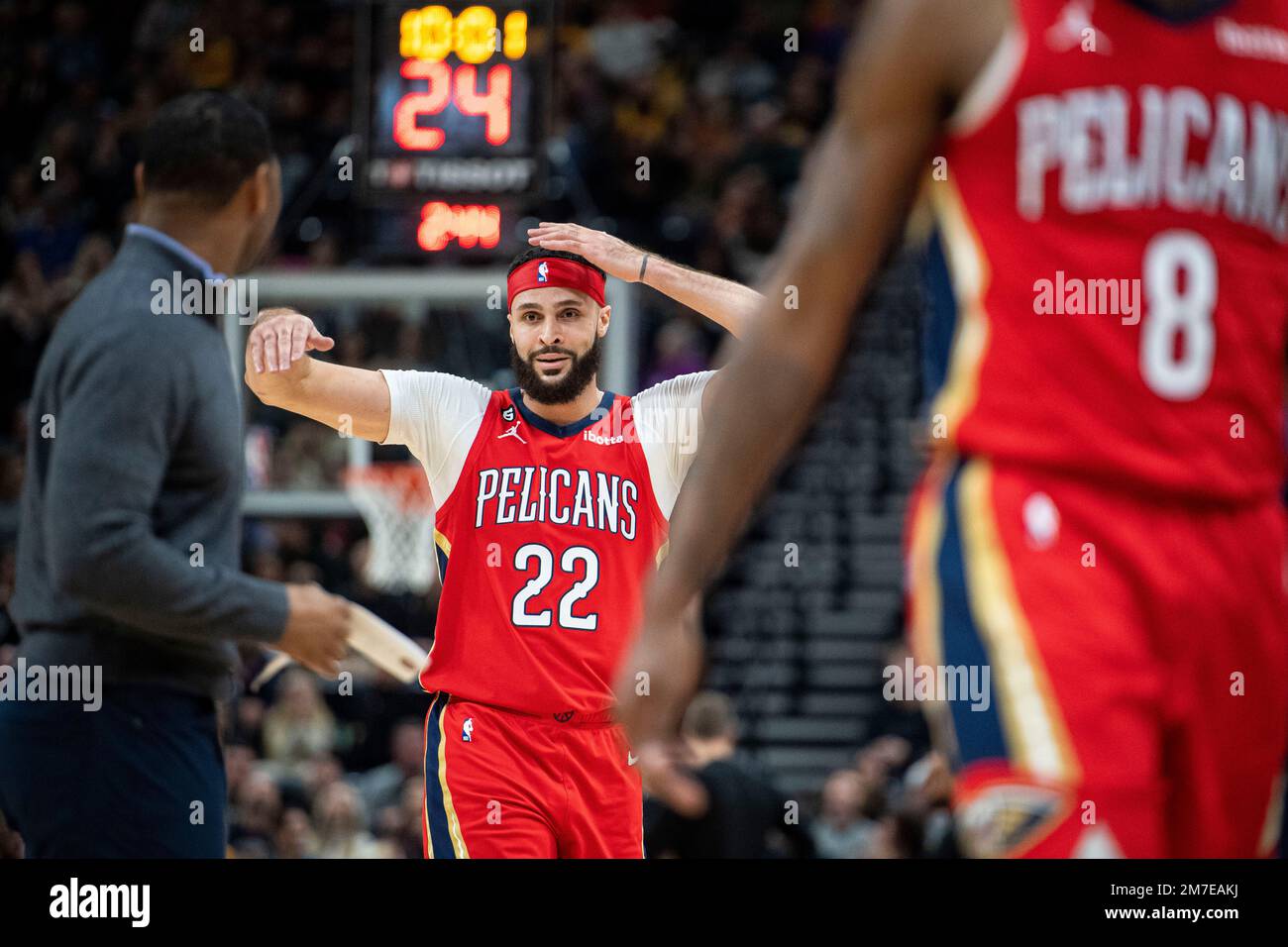 New Orleans Pelicans forward Larry Nance Jr. (22) celebrates after a ...