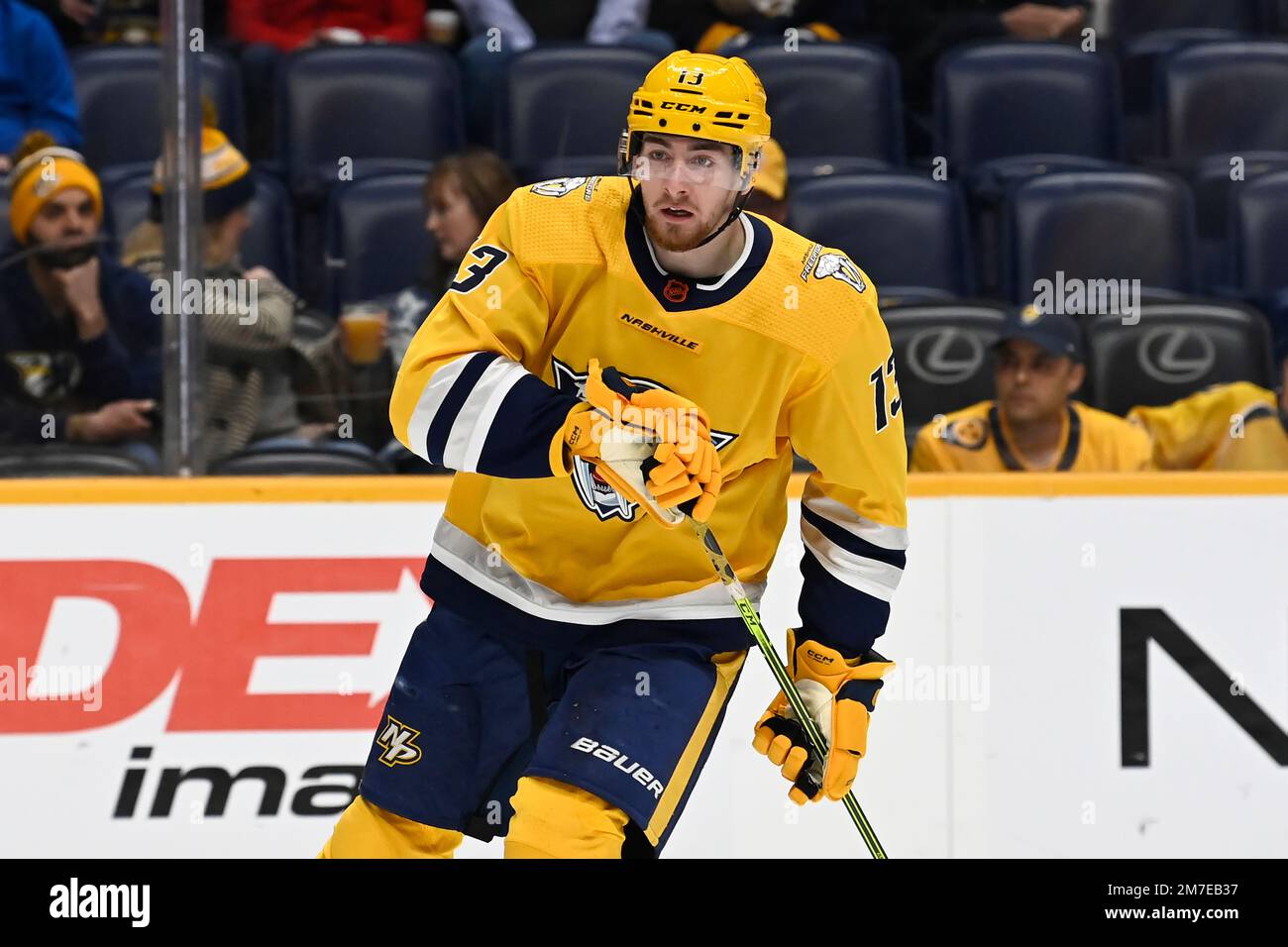 Nashville Predators center Yakov Trenin (13) plays against the Edmonton ...