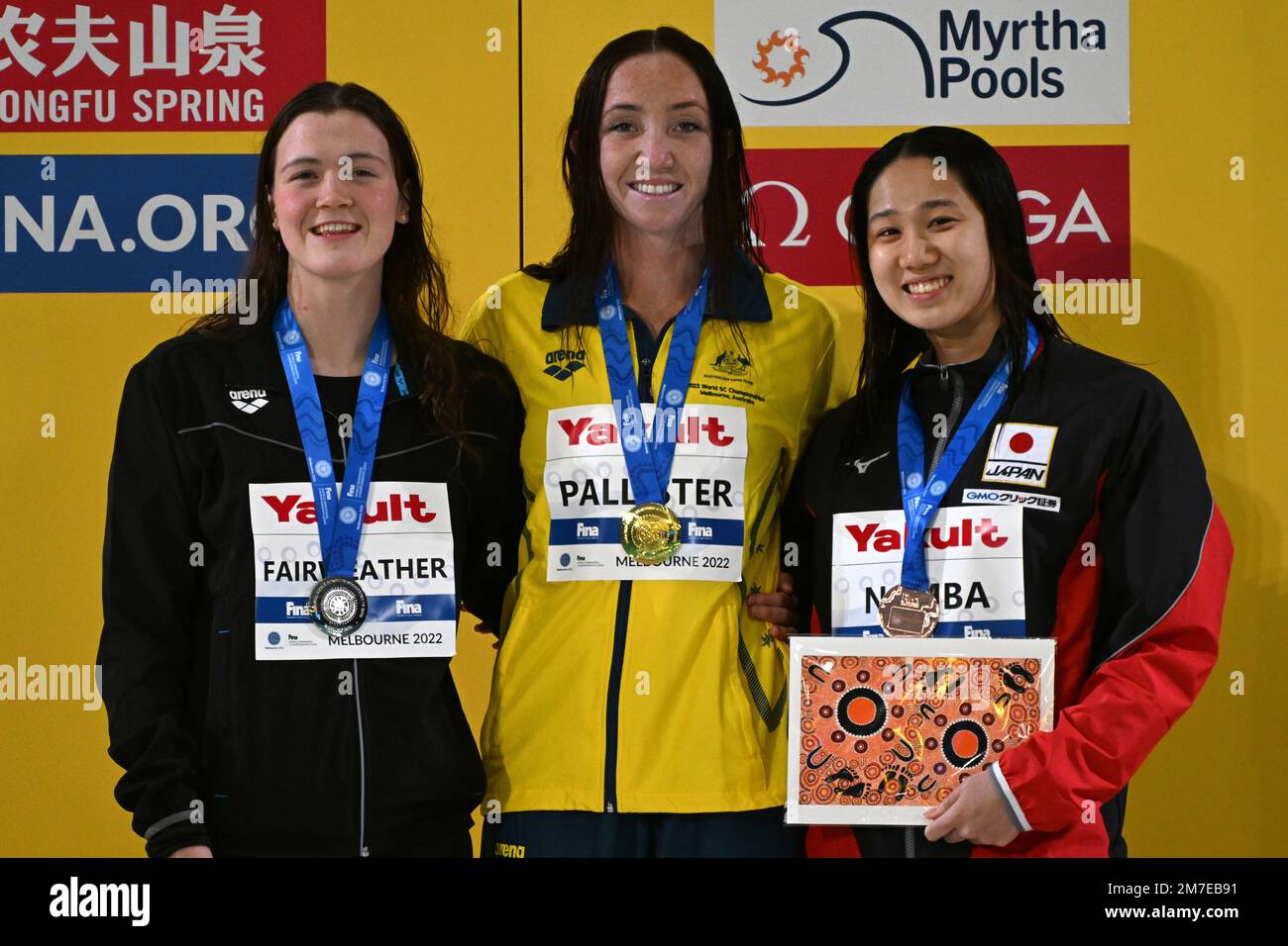 Lani Pallister of Australia, center, Erika Fairweather of New Zealand ...