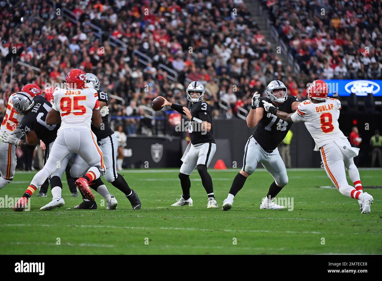 Las Vegas Raiders quarterback Jarrett Stidham (3) throws during the first half of an NFL ...