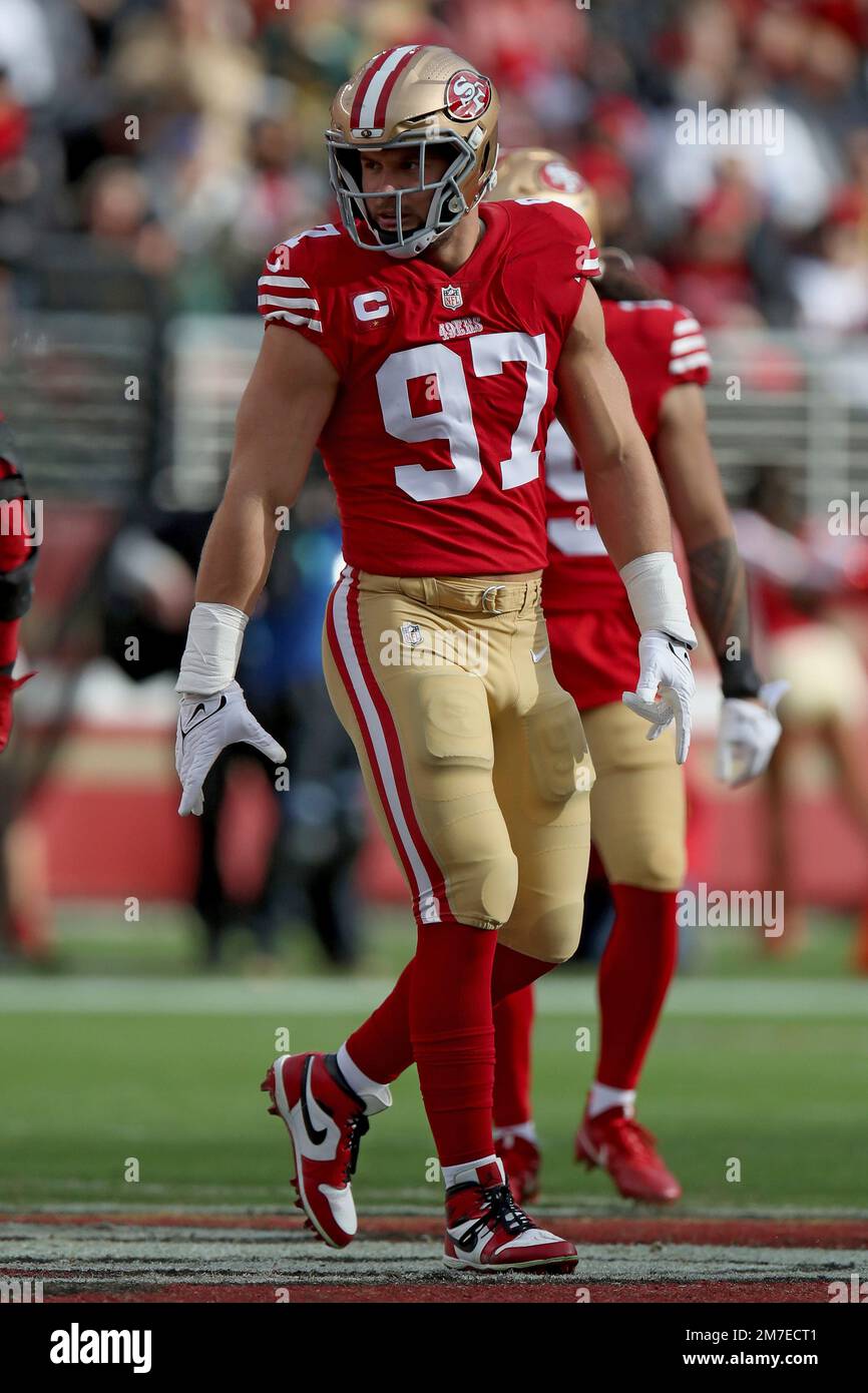 San Francisco 49ers defensive end Nick Bosa (97) peers into the ...