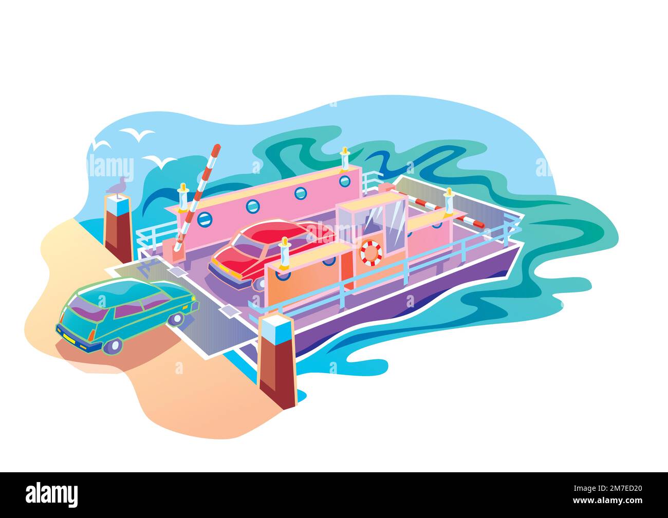 Cars go to the ferry isolated on white background. Vector illustration ...