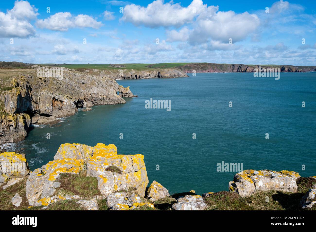 View of the Welsh Coastline near Barafundle beach or bay in bright ...