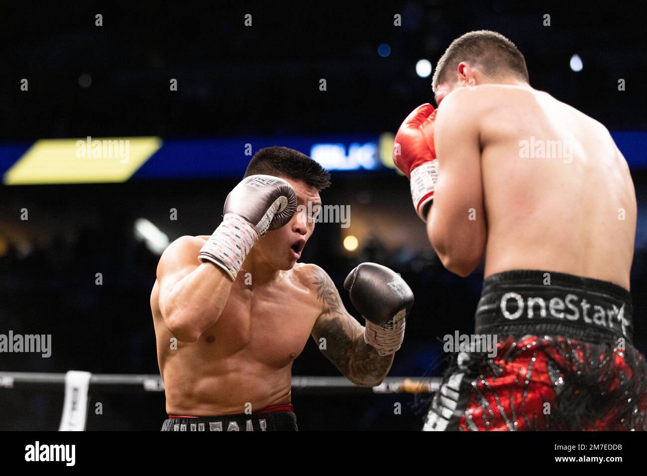 Arnold Khegai, left, fights Eduardo Baez during a featherweight boxing ...