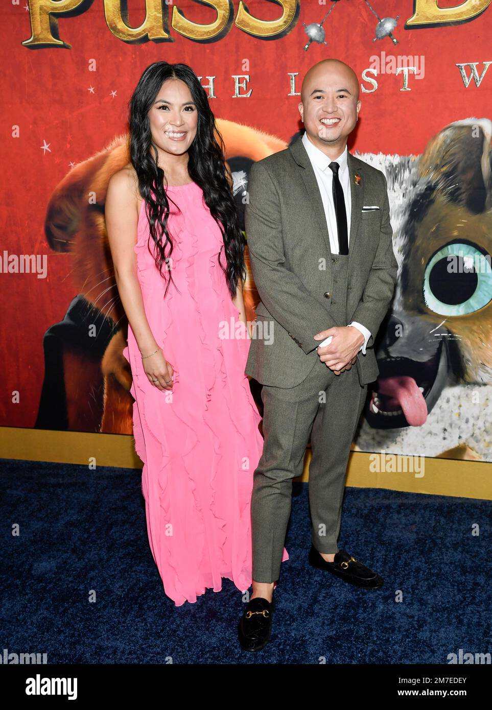 Januel Mercado, right, and wife attend the premiere of "Puss in Boots ...