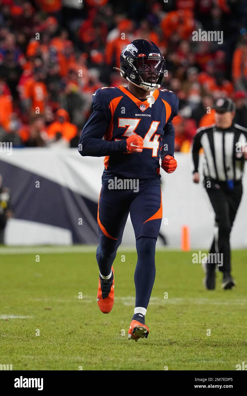 Denver Broncos cornerback Essang Bassey (34) against the Kansas City Chiefs of an NFL football ...