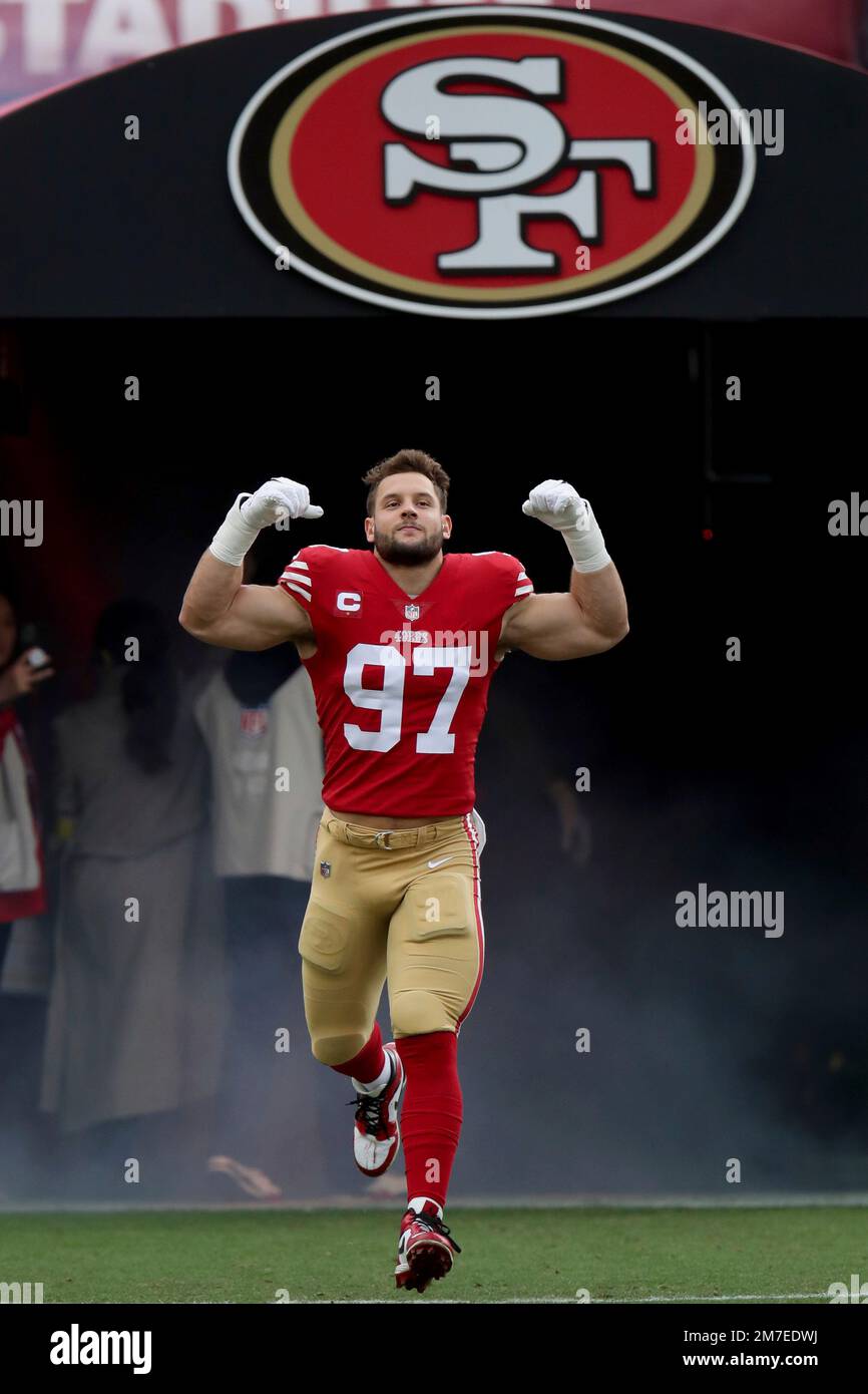 San Francisco 49ers defensive end Nick Bosa (97) runs onto the field ...