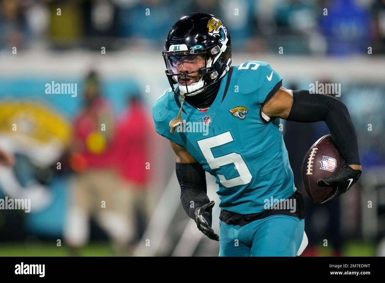 Jacksonville Jaguars safety Andre Cisco (5) warms up before an NFL ...