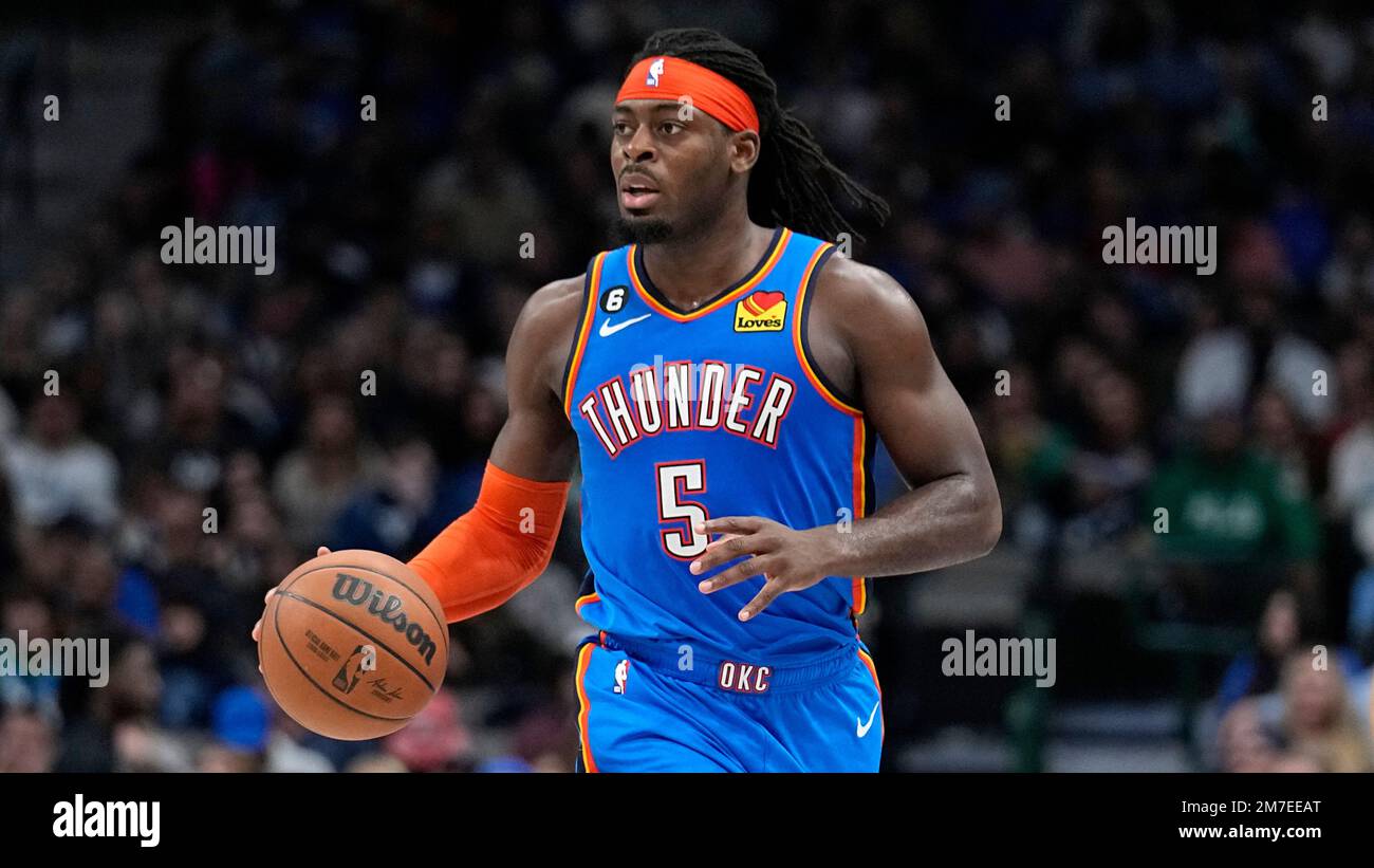 Oklahoma City Thunder forward Luguentz Dort handles the ball during an ...