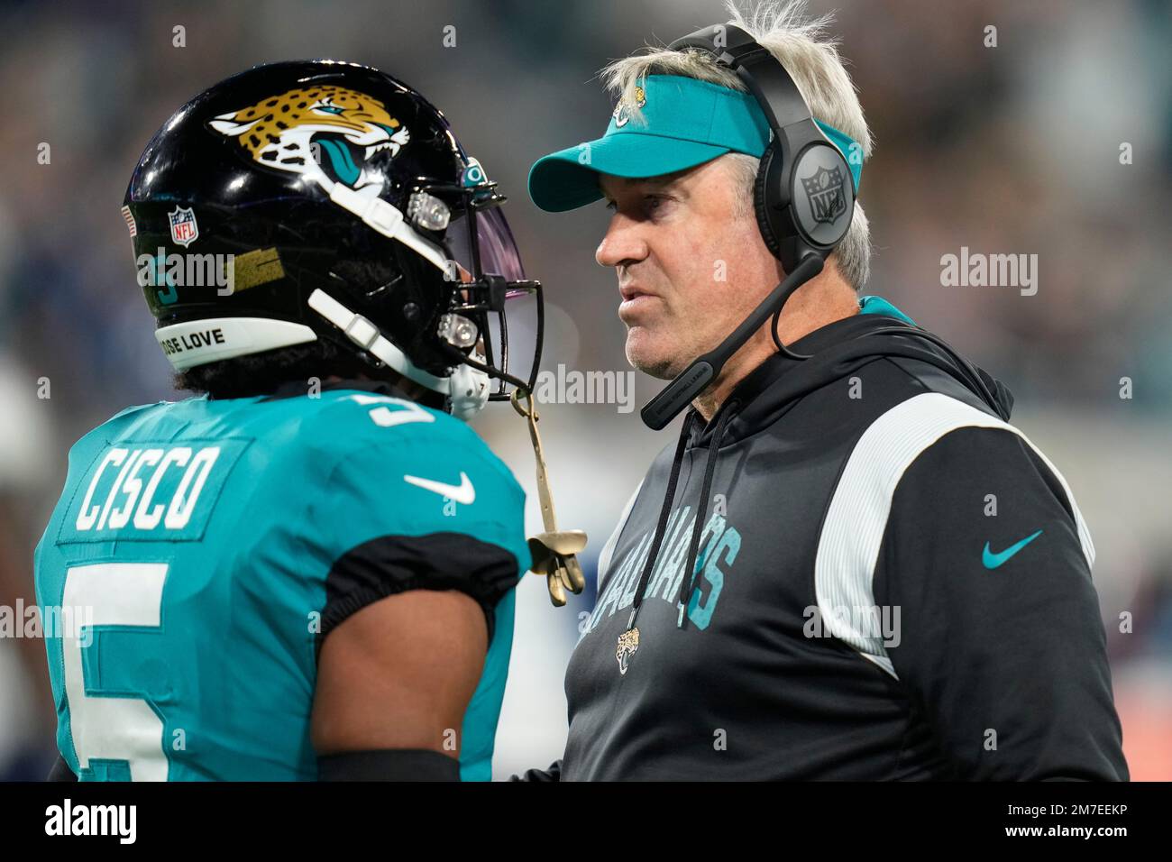 Jacksonville Jaguars head coach Doug Pederson talks to safety Andre ...
