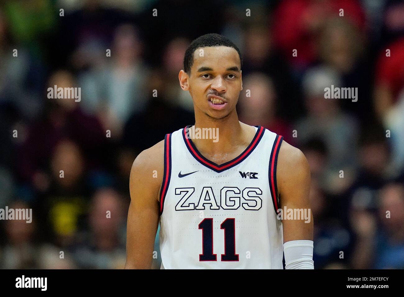 Gonzaga guard Nolan Hickman reacts after scoring a 3-point basket ...
