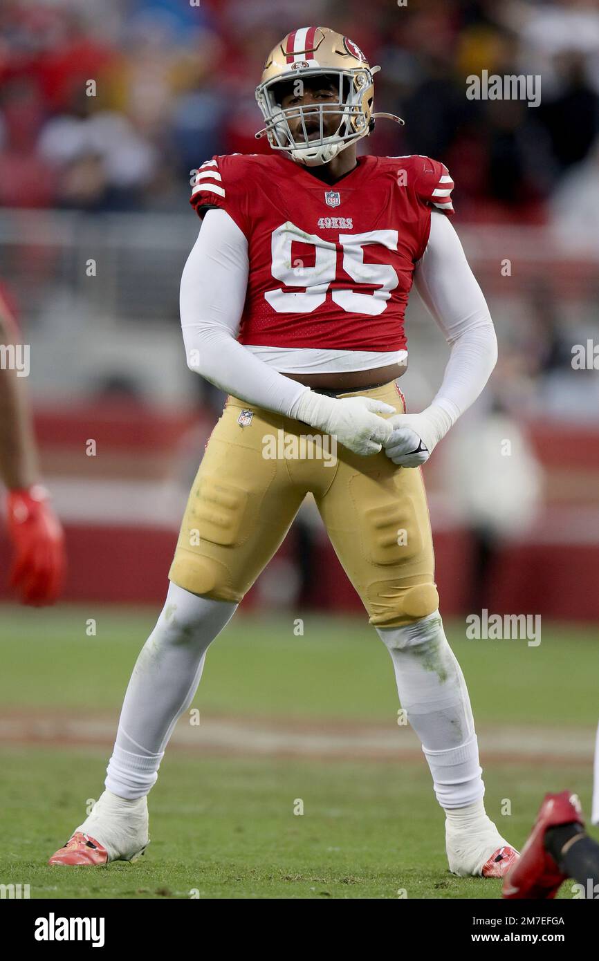 San Francisco 49ers defensive end Drake Jackson (95) reacts after a ...