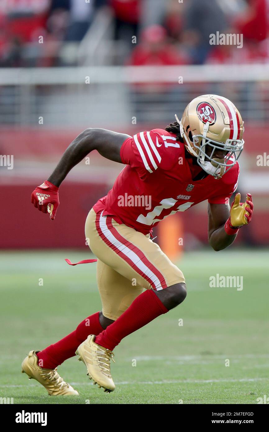 San Francisco 49ers wide receiver Brandon Aiyuk (11) runs during an NFL ...