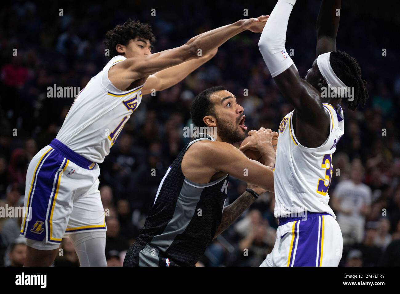 Los Angeles Lakers guard Max Christie (10) and forward Wenyen Gabriel ...