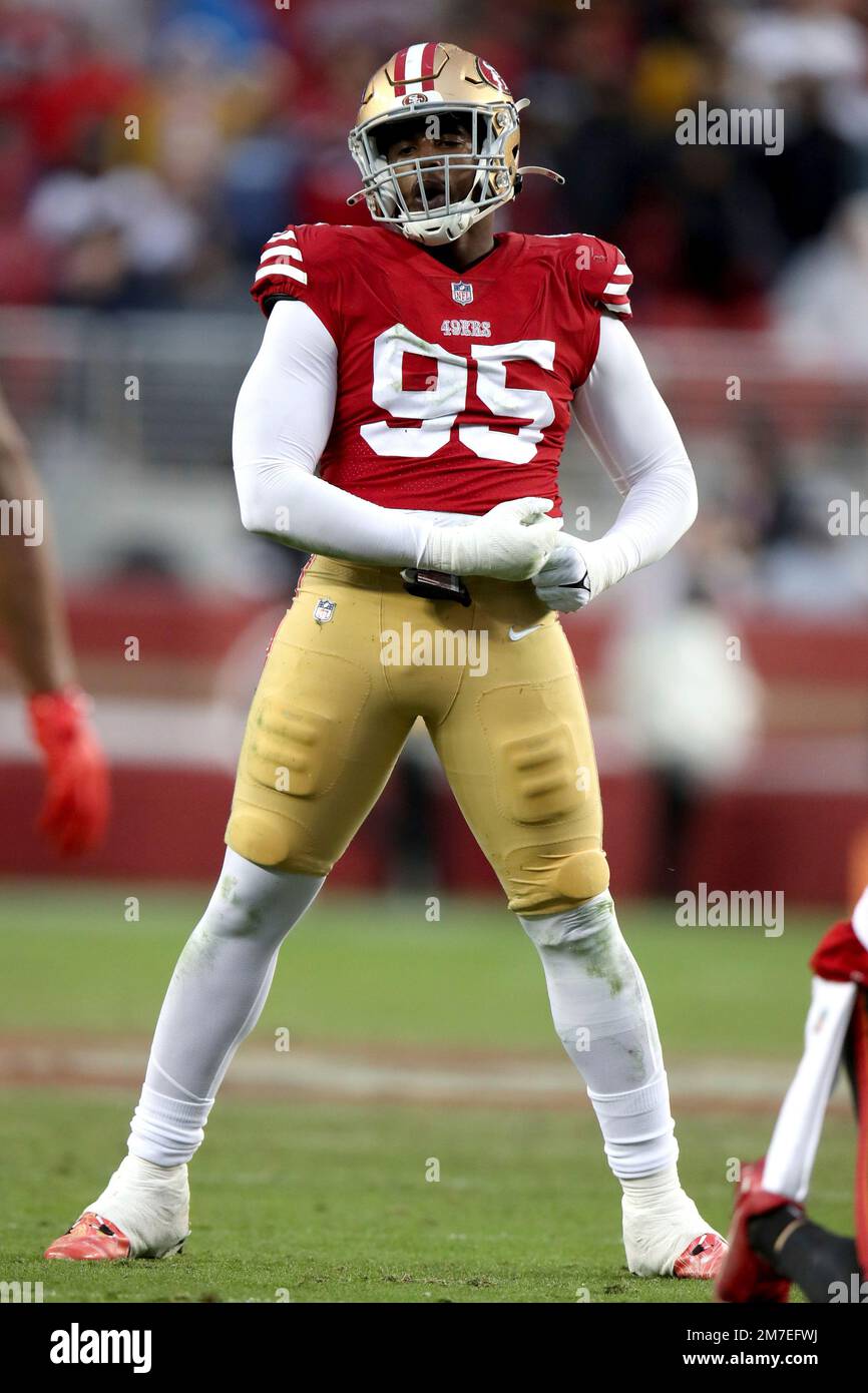San Francisco 49ers defensive end Drake Jackson (95) reacts after a play during an NFL football ...