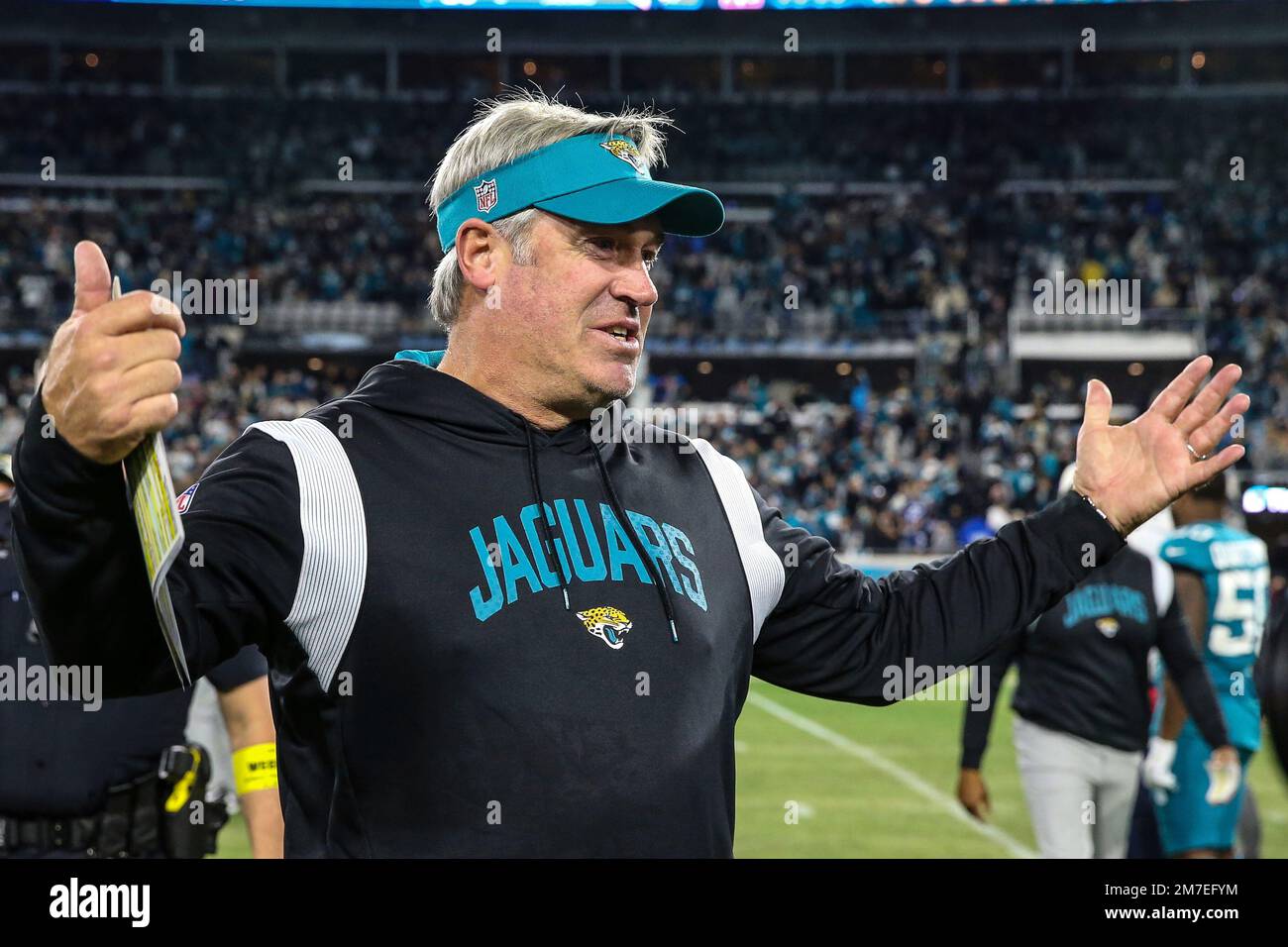 Jacksonville Jaguars head coach Doug Pederson walks the field after an ...