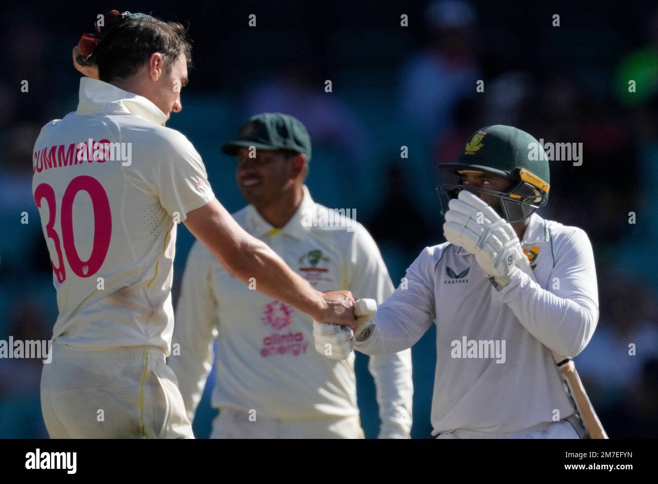 Australia's Pat Cummins, left, shakes hands with South Africa's Temba ...