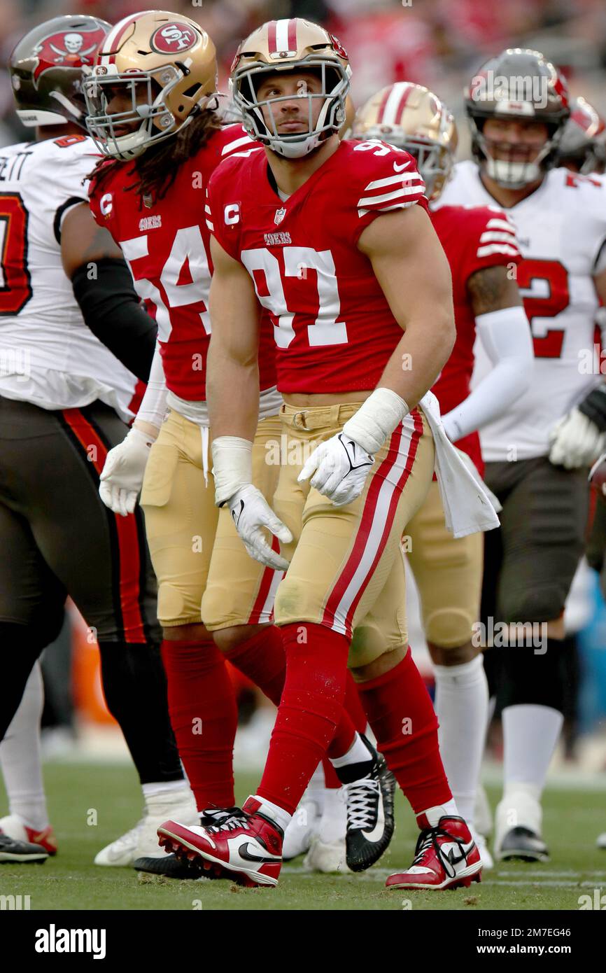 San Francisco 49ers defensive end Nick Bosa (97) reacts after a play ...