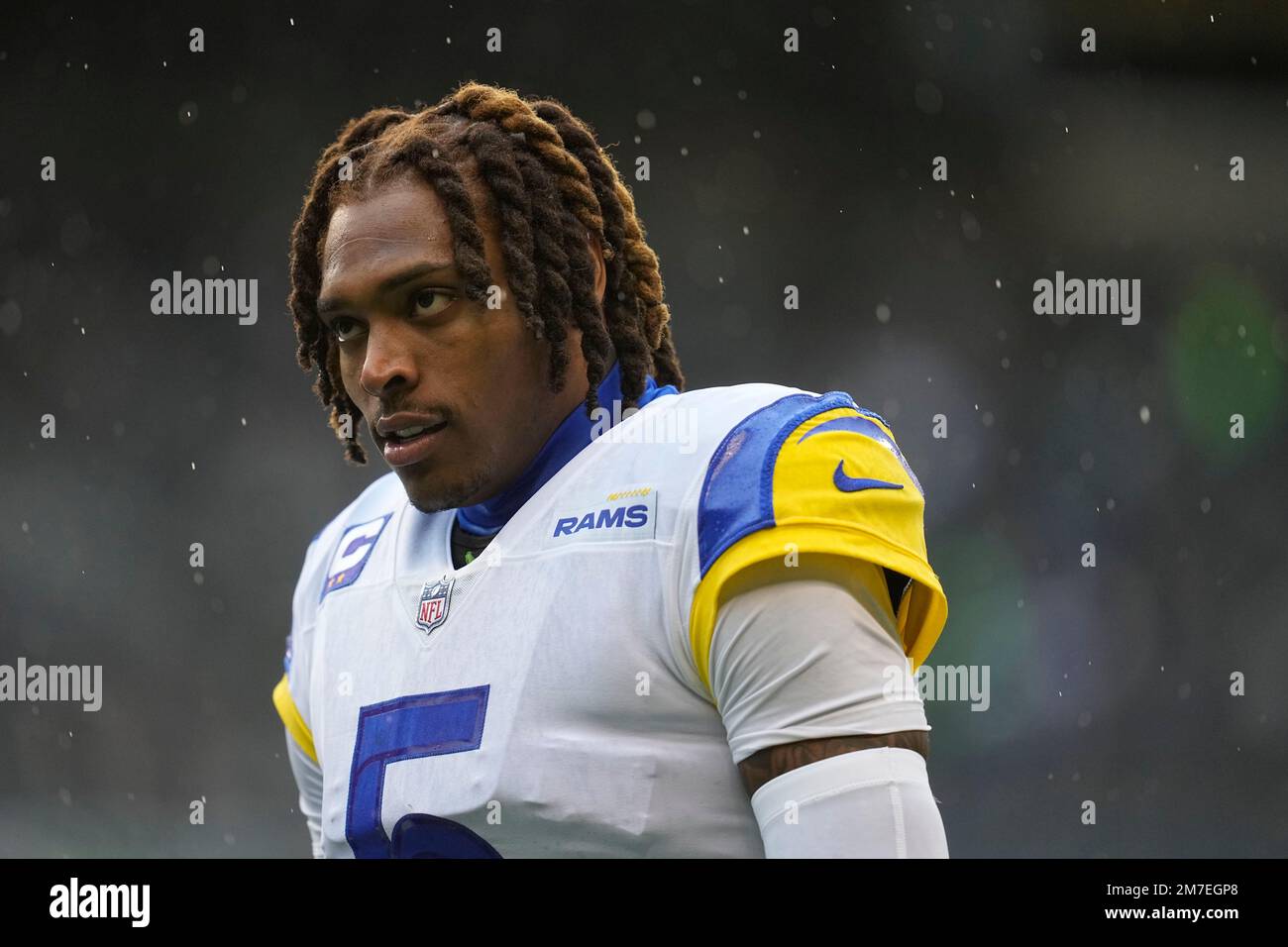 Los Angeles Rams cornerback Jalen Ramsey warms up before an NFL ...