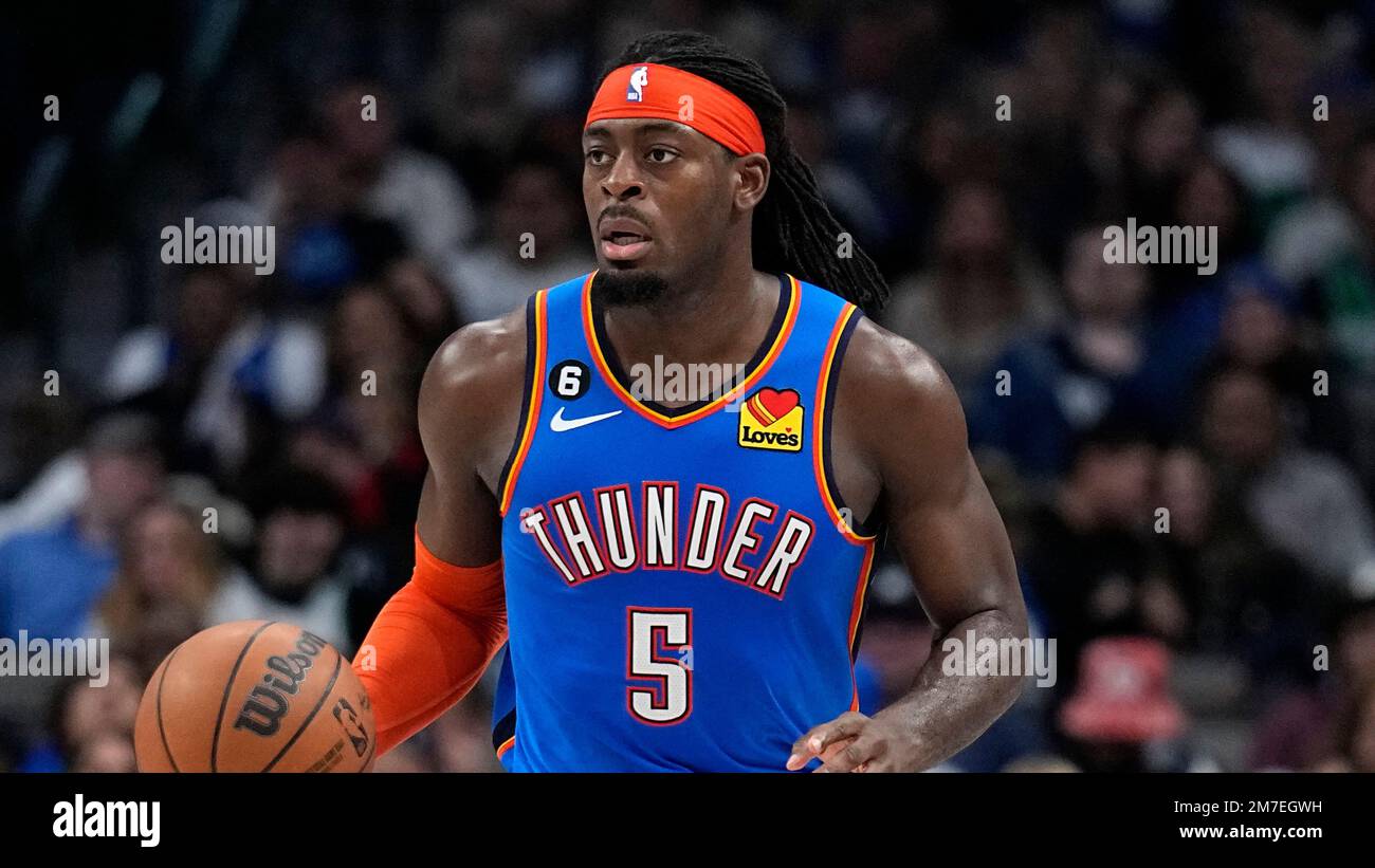 Oklahoma City Thunder forward Luguentz Dort handles the ball during an ...