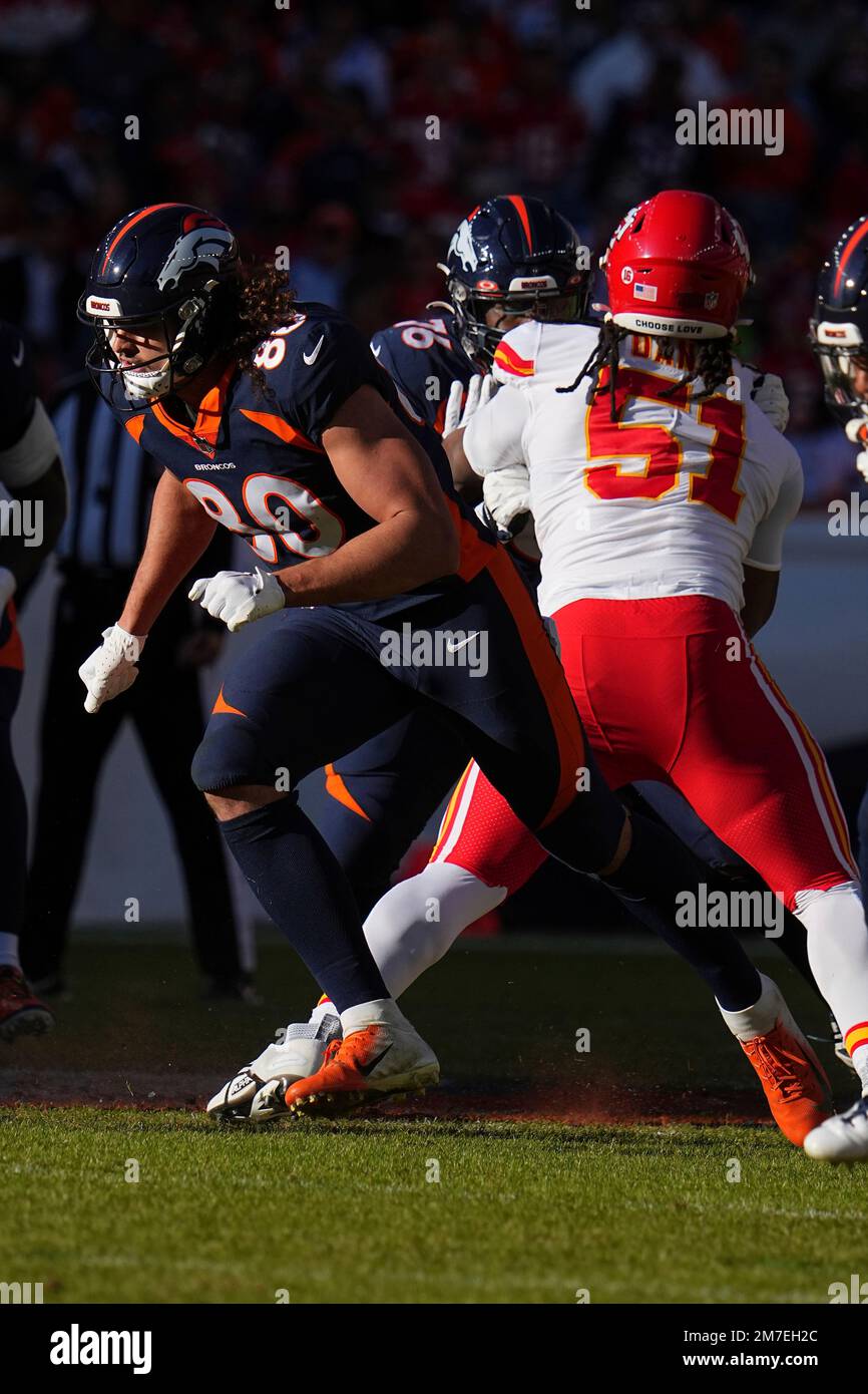 Denver Broncos tight end Greg Dulcich (80) plays against the Kansas ...