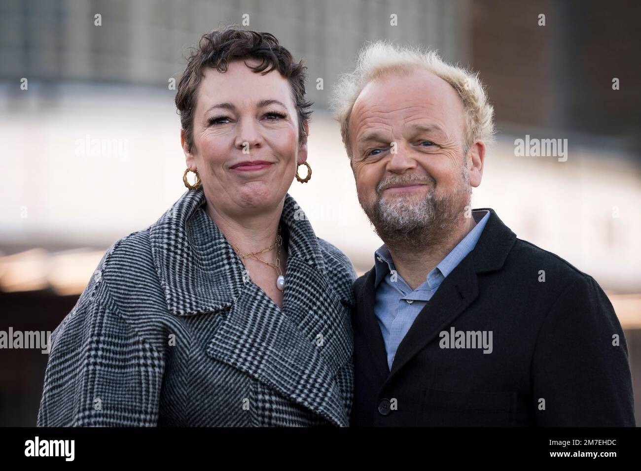 Olivia Colman, left, and Toby Jones pose for photographers upon arrival ...