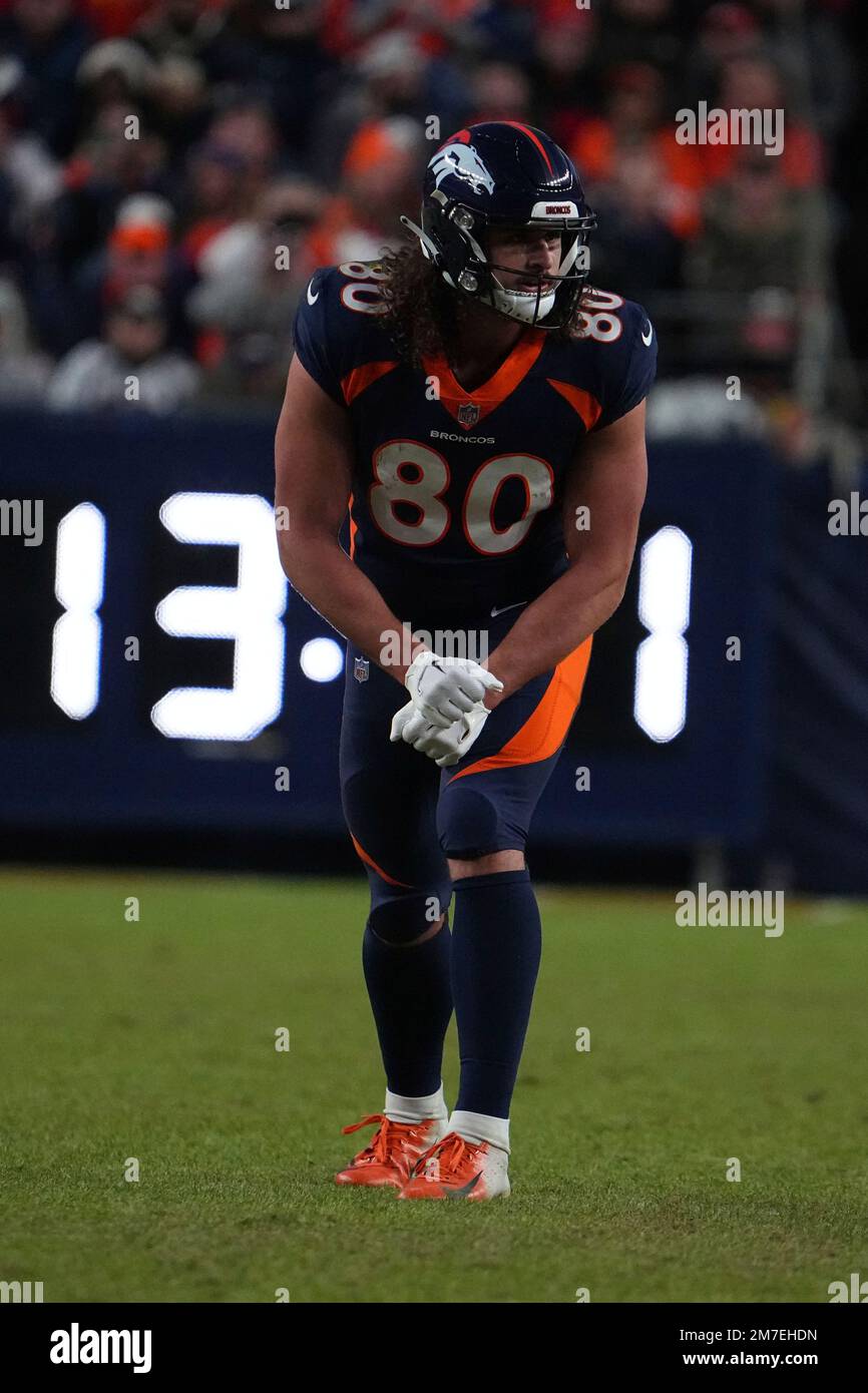 Denver Broncos tight end Greg Dulcich (80) plays against the Kansas ...