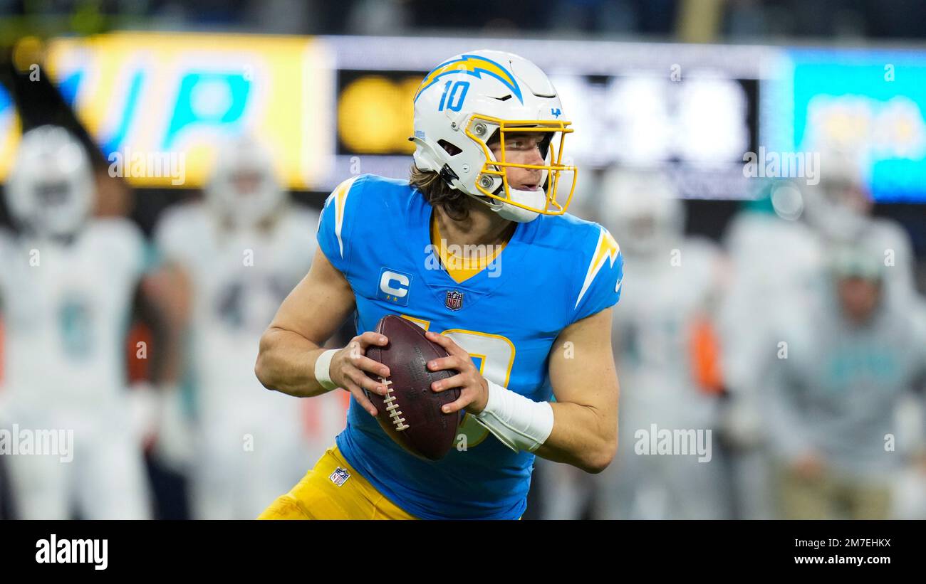 Los Angeles Chargers quarterback Justin Herbert looks to throw a pass ...