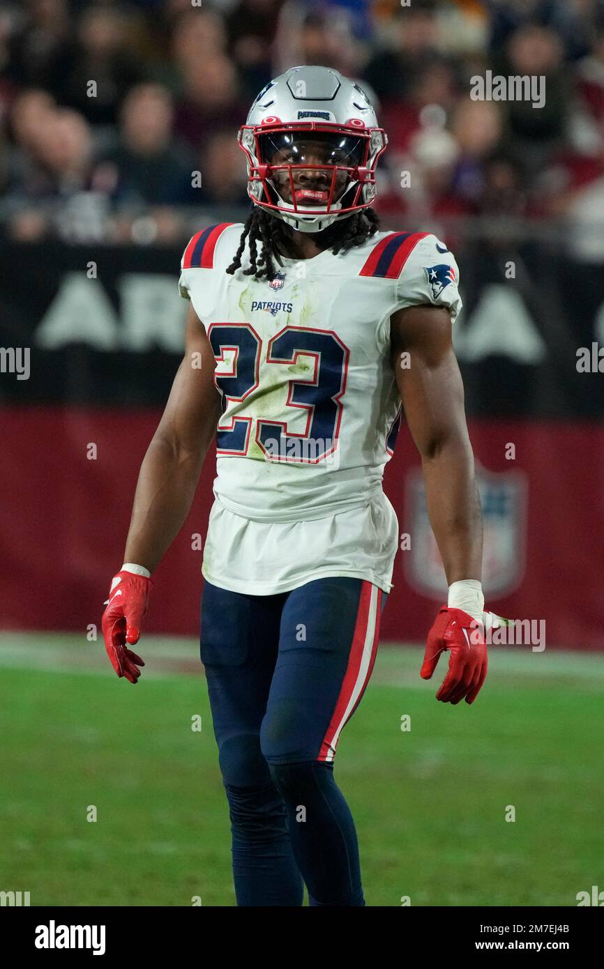 New England Patriots safety Kyle Dugger (23) lines up against the ...