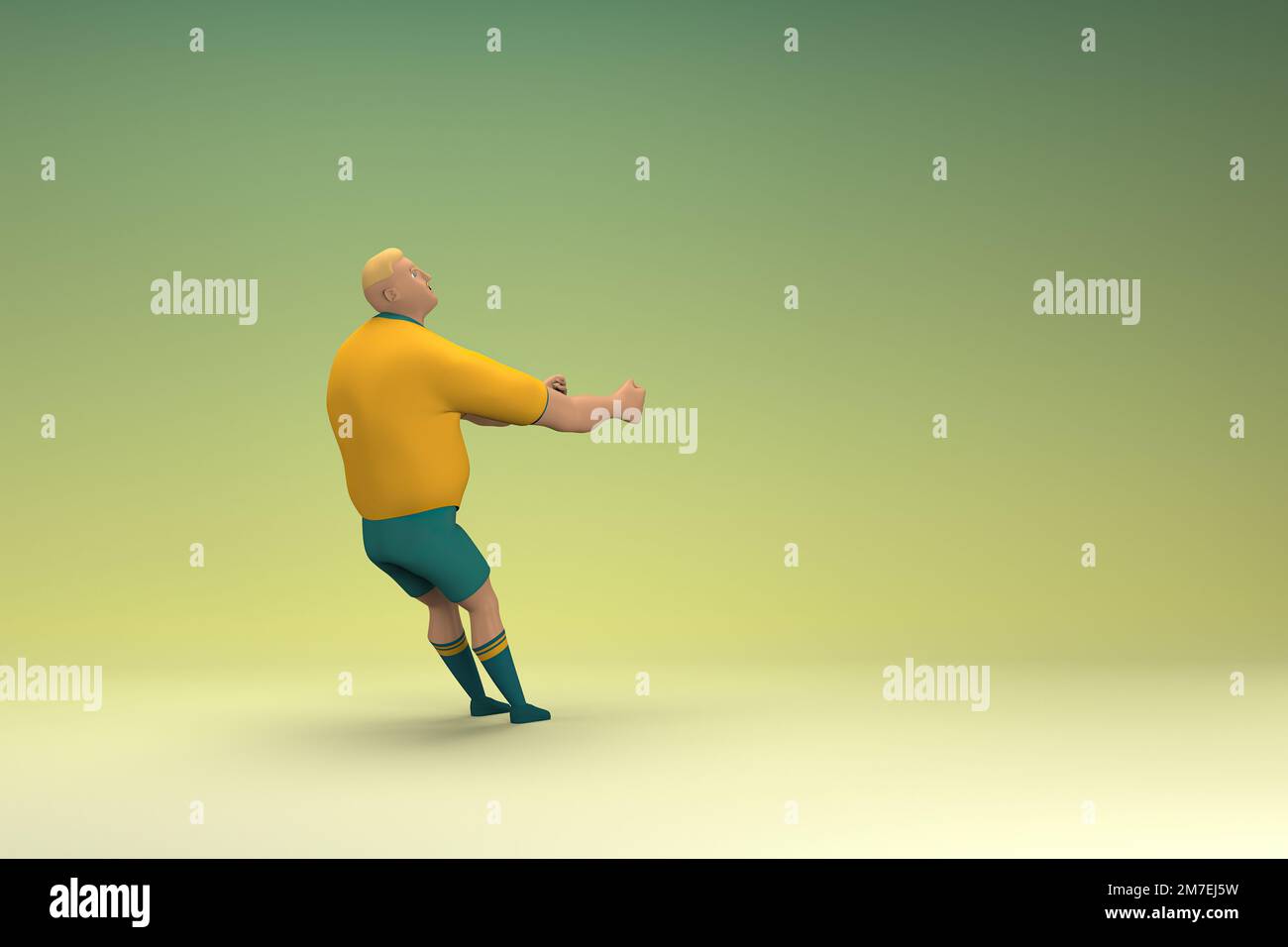 An athlete wearing a yellow shirt and green pants. He is pulling or ...