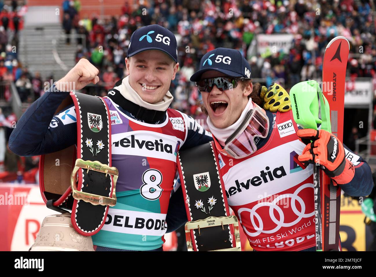 Norway's Lucas Braathen, right, winner of an alpine ski, men's World ...