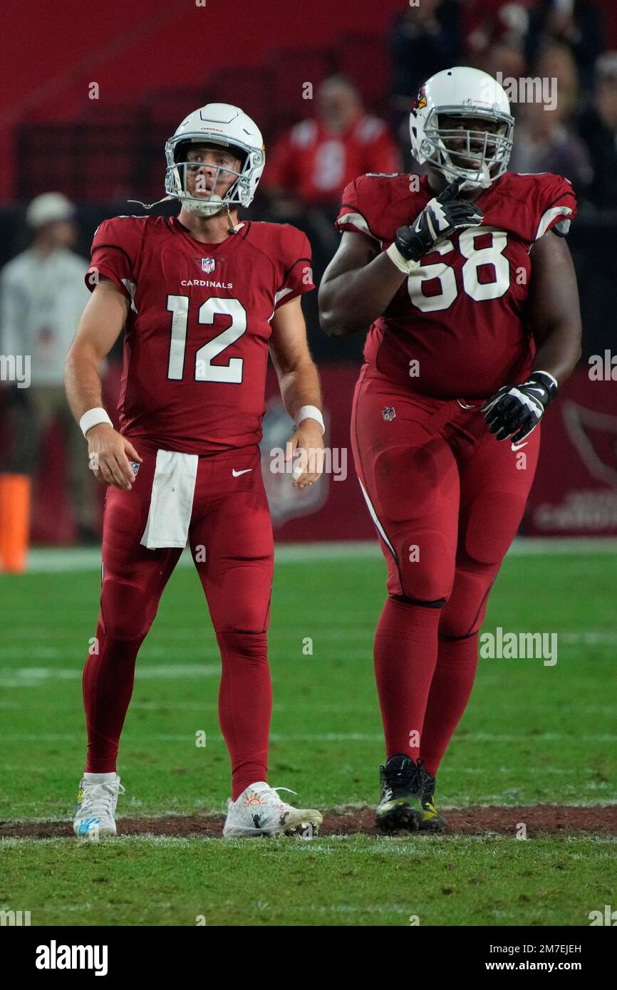 Arizona Cardinals quarterback Colt McCoy (12) reacts to a call during ...