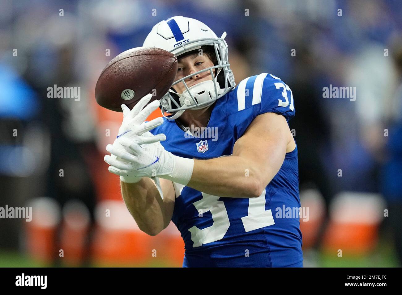 Indianapolis Colts running back Jake Funk (37) warms up before an NFL ...