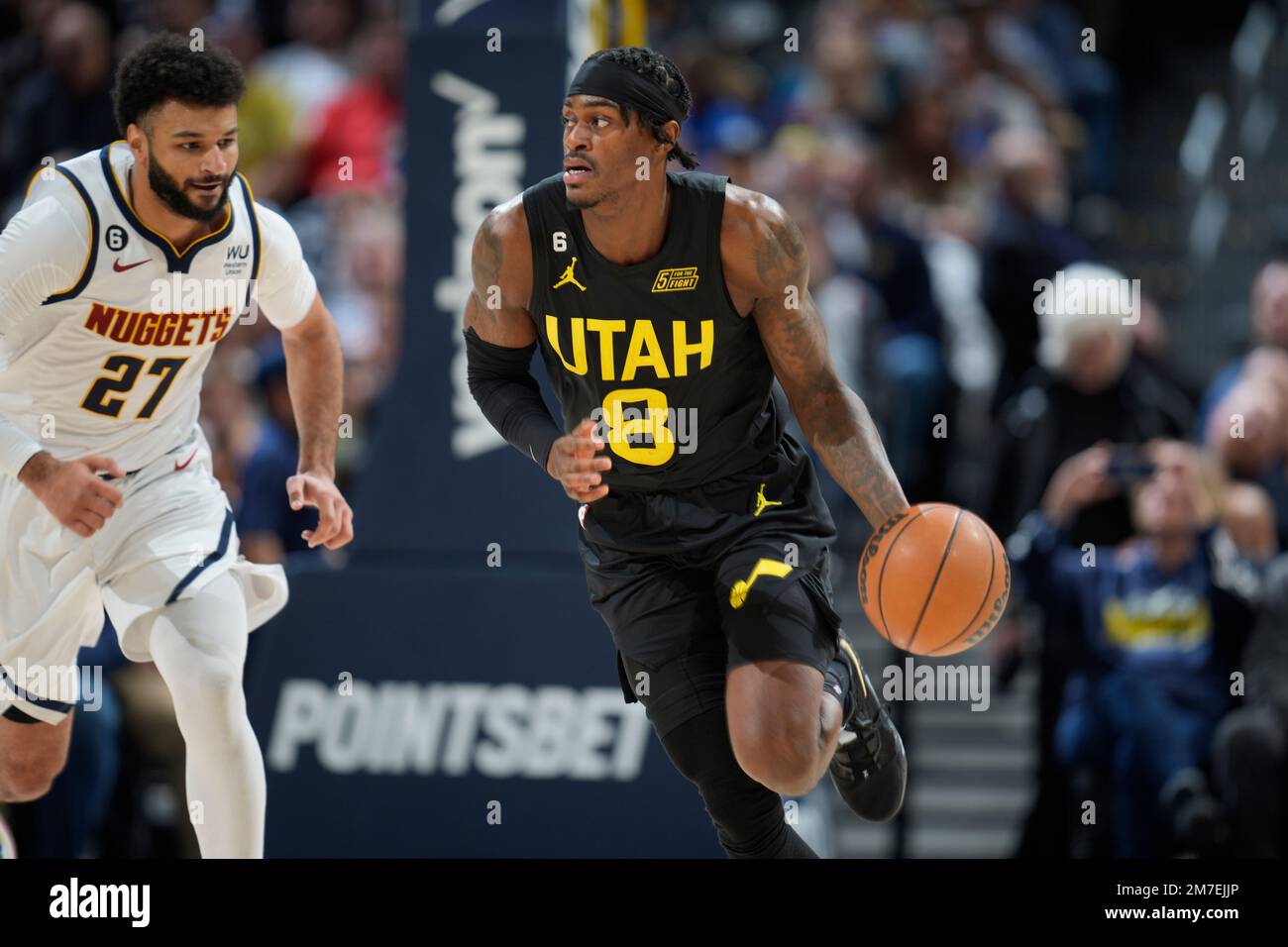 Utah Jazz forward Jarred Vanderbilt (8) and Denver Nuggets guard Jamal ...
