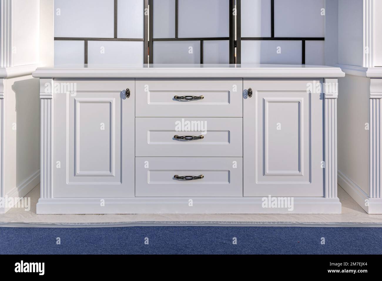 Front View Classic Style White Cabinet With Drawers in Living Room ...