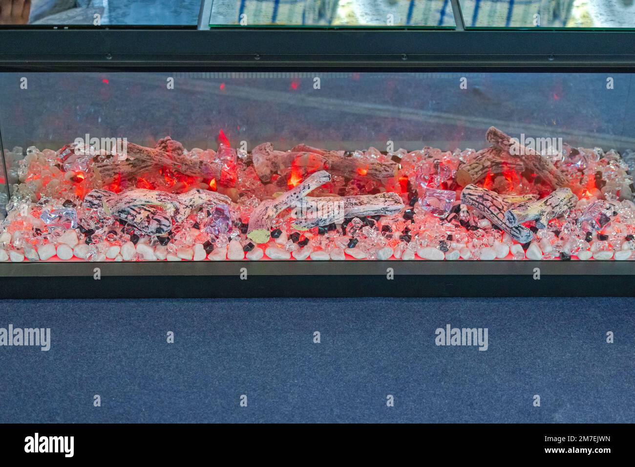 Long Electric Fireplace With Crystals Pebbles and Diamonds Flame Effect ...