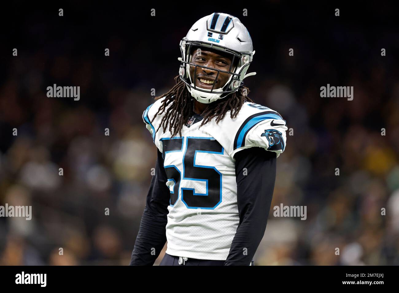 Carolina Panthers linebacker Cory Littleton (55) reacts to a play ...