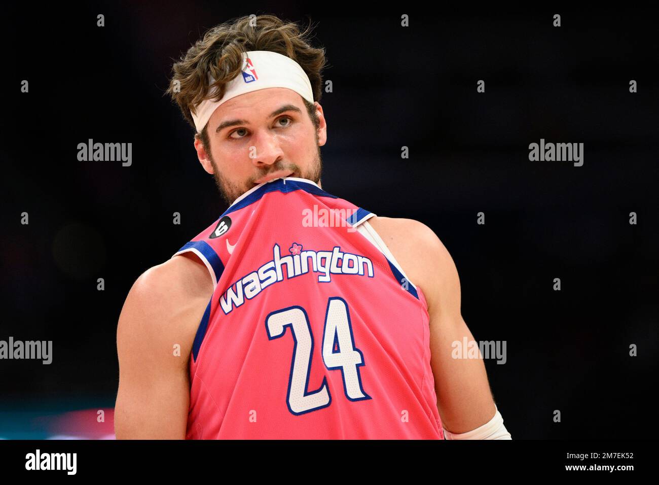 Washington Wizards forward Corey Kispert (24) looks on during the first ...