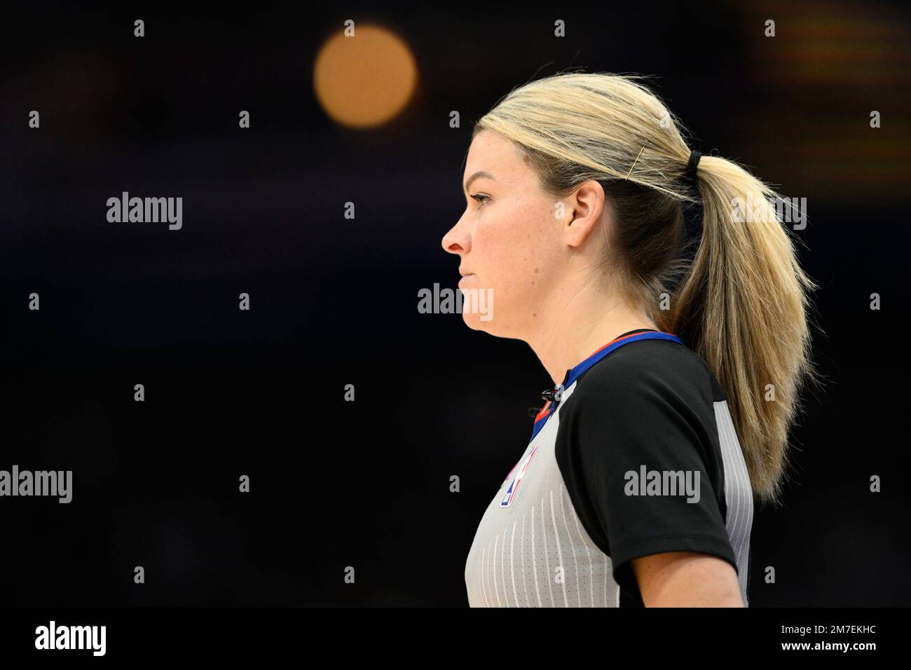 NBA referee Jenna Schroeder (84) looks on during the first half of an ...
