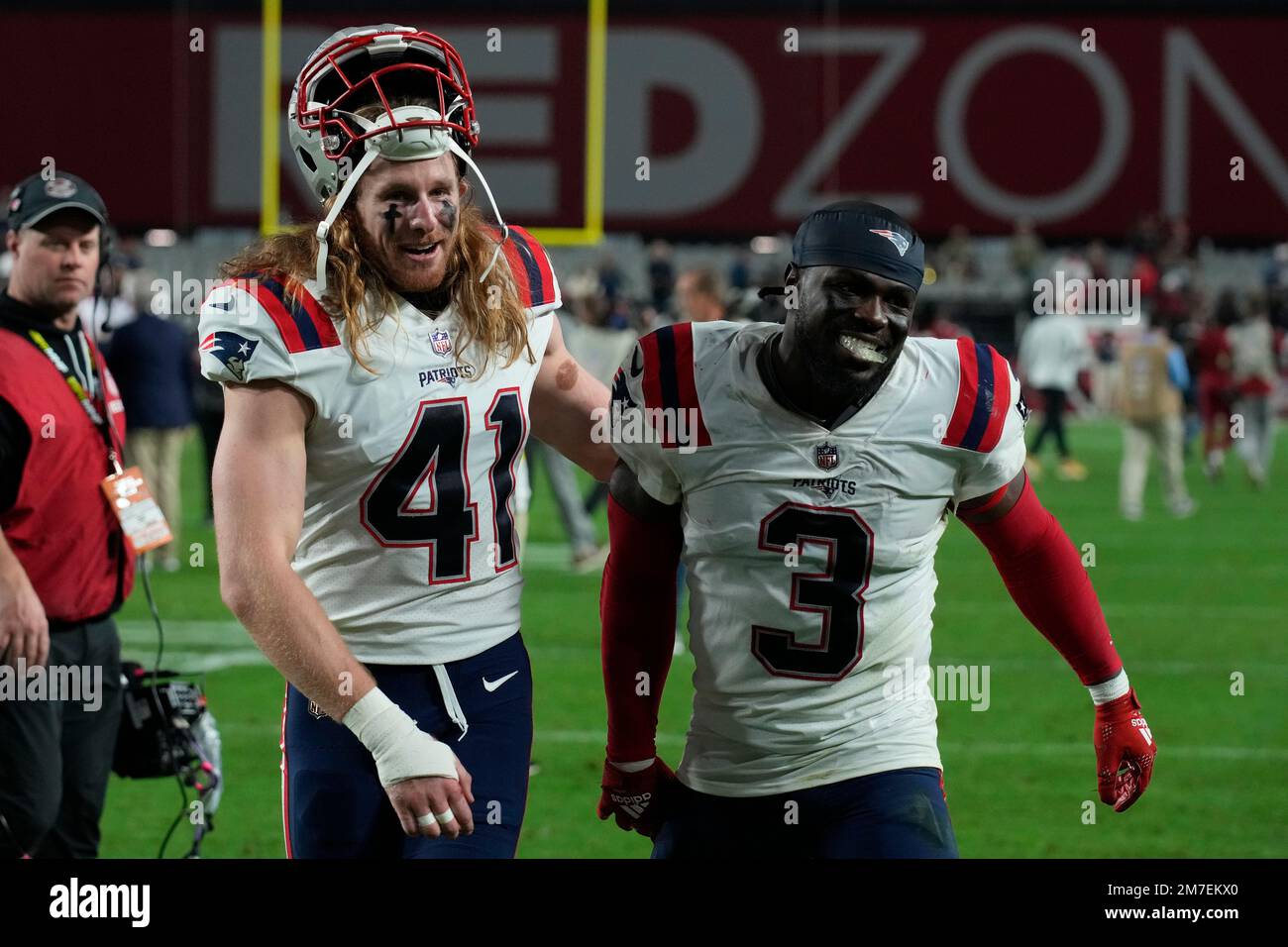 New England Patriots safety Brenden Schooler (41) and safety Jabrill ...